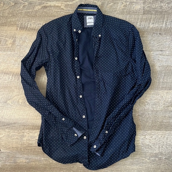 Zara | Tops | Zara Navy Blue Polka Dot Button Down Size Small | Poshmark